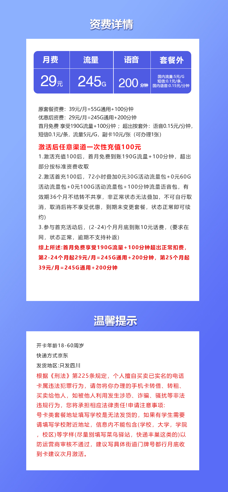 联通四川省内专属卡⑤29元每月245G通用+200分钟通话-套餐信息 -90号卡